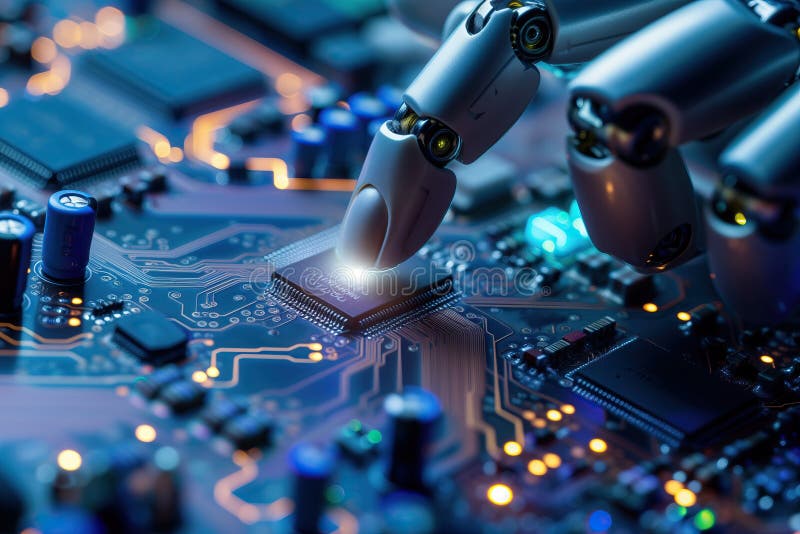 Finger of Robot Touching of Computer Chip Circuits. Stock Illustration ...