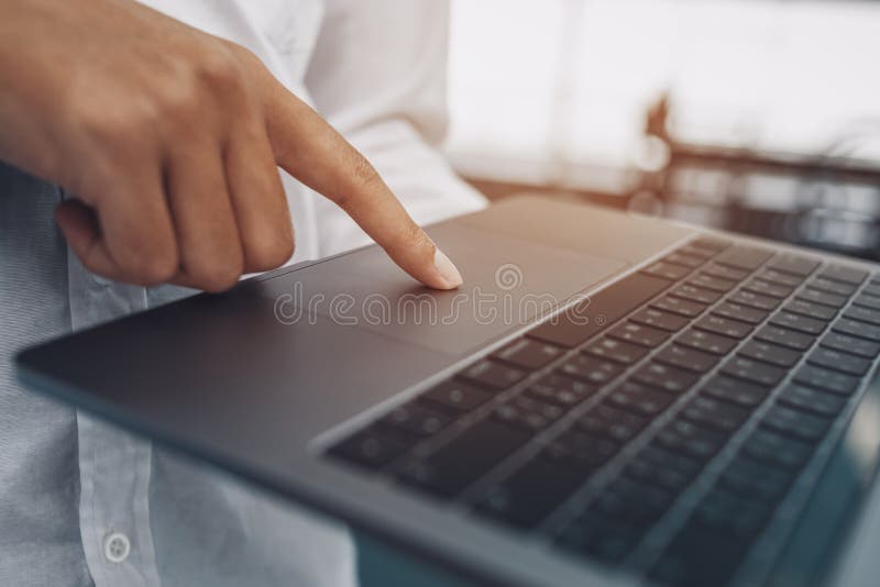 Finger`s Businessman Use Trackpad on Laptop Stock Image - Image of ...