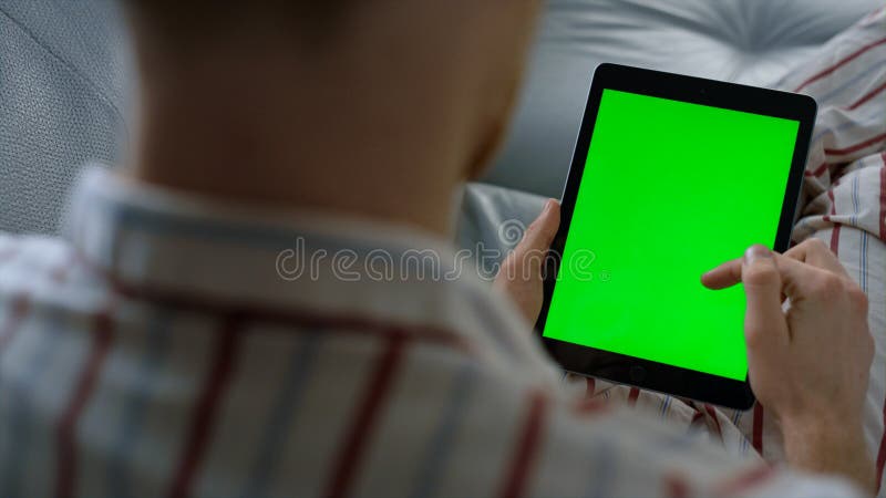 Finger Scroll Green Tablet Screen Closeup. Manager Use Digital Computer ...