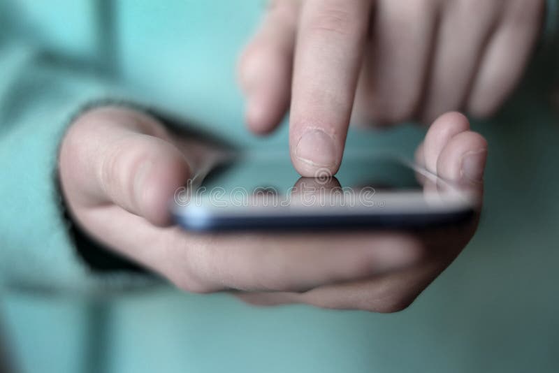 Finger on an Smart Phone Exploring Data Stock Image - Image of person ...