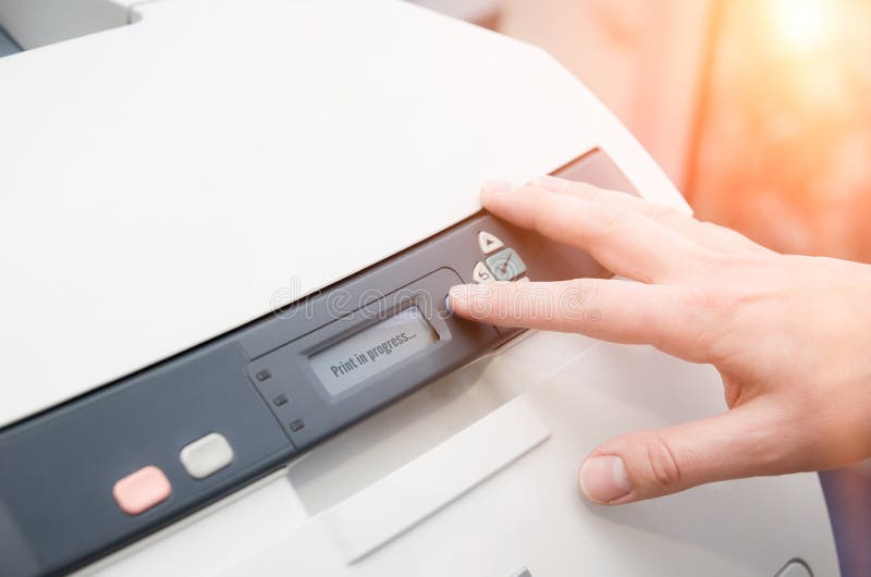 Finger on Start Button of Laser Printer Stock Image - Image of close ...