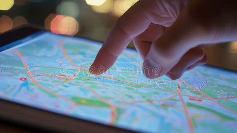 Finger Tapping Digital Map on Tablet Screen, Navigating Glowing ...