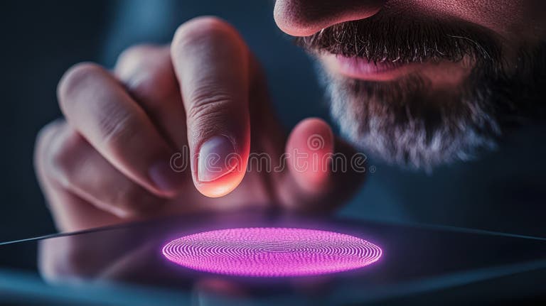 Finger Tapping Glowing Pink Biometric Scan Interface for Cybersecurity ...