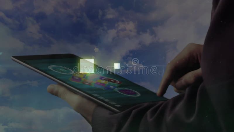 Finger Tapping Tablet Animating Squares Releasing Icons Ascending while ...