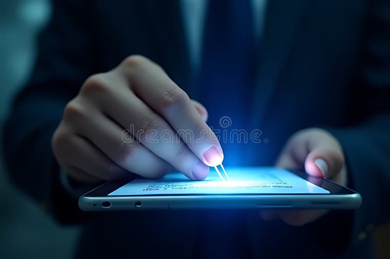 Finger Taps a Glowing Screen on a Handheld Tablet Device Stock ...