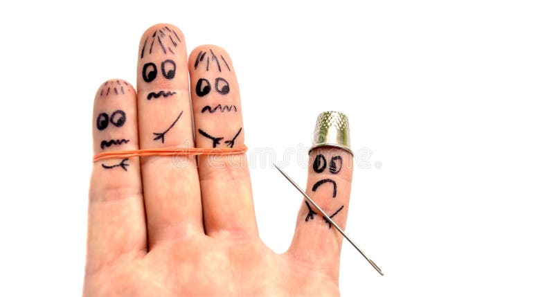 Finger in Thimble Armed by Needle Puts in Fear Another Fingers Stock ...