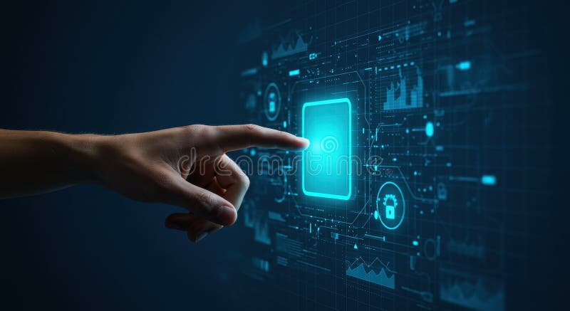 Finger about To Press Button on a Digital Futuristic Interface with ...