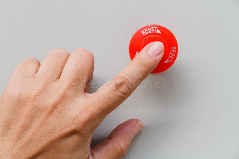 Finger Touch on Red Emergency Stop Switch and Reset Stock Photo - Image ...