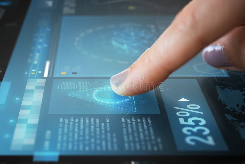 Finger on Touch Screen with Virtual Data Stock Image - Image of ...