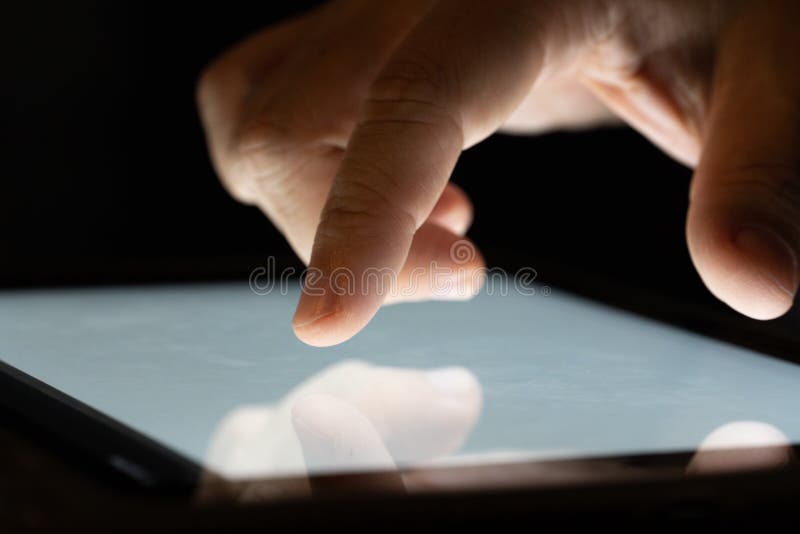 Finger Touch on Tablet Screen Mock Up with Light. Stock Image - Image ...