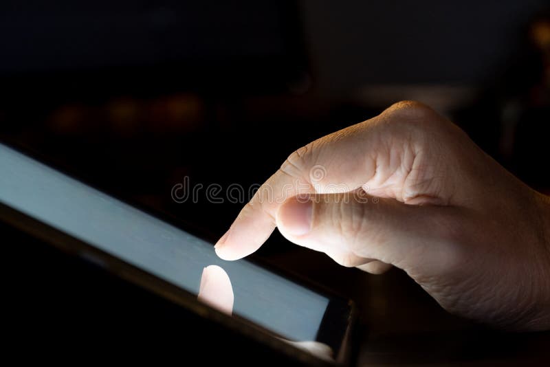 Finger Touch on Tablet Screen Mock Up with Light. Stock Photo - Image ...