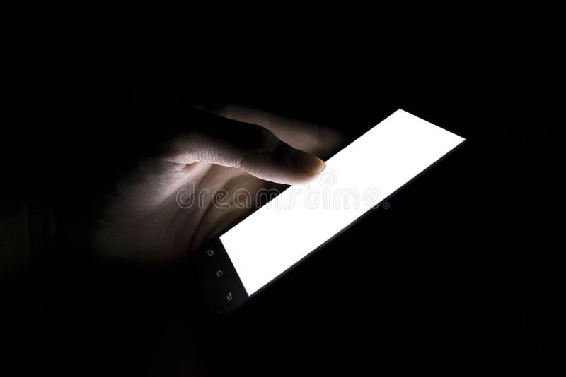 Finger Touch White Screen Mobile Telephone in the Darkroom Stock Image ...