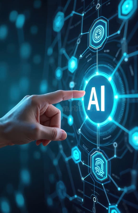 Finger Touches AI Interface. Digital Transformation, Artificial Intelligence, Cloud Computing ...