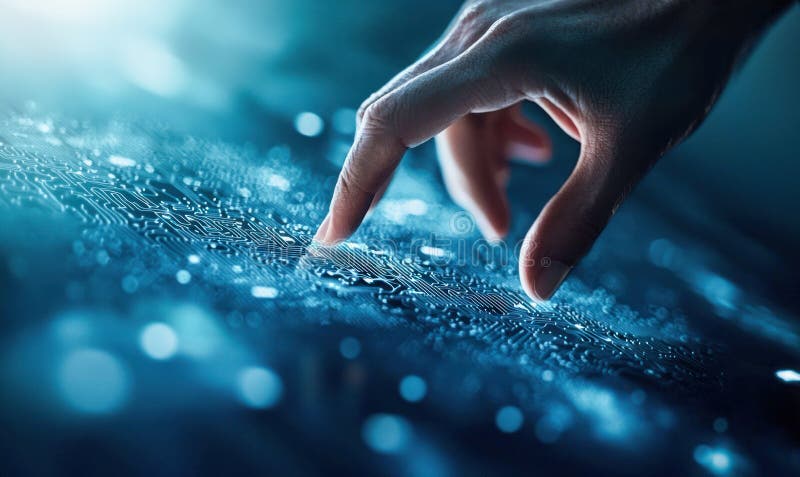 A Finger Touches a Digital Circuit Board, Representing Technology ...