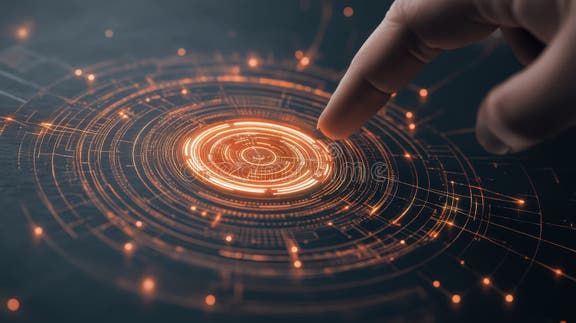 Finger Touches Glowing Circle. Concentric Network Design Radiates ...