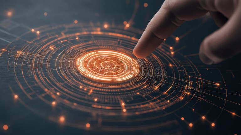 Finger Touches Glowing Circle. Concentric Network Design Radiates ...