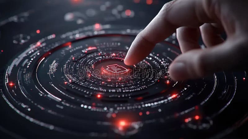 A Finger Touches a Glowing Red Futuristic Digital Interface with ...