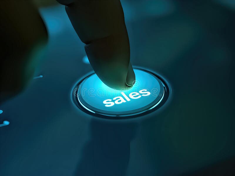 A Finger Touches a Glowing "sales" Button on Blue Stock Illustration ...