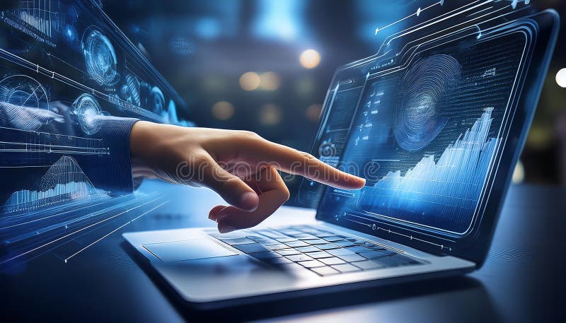 A Finger Touches a Laptop Trackpad Data Visualizations Float Above the ...