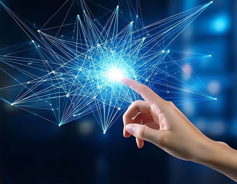 A Finger Touches a Screen, Activating a Glowing Digital Network ...