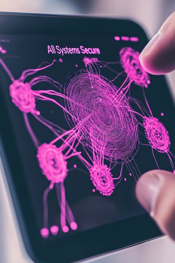 Finger Touches Screen Displaying Secure Systems. Pink Network Shows Awareness of Cybersecurity ...