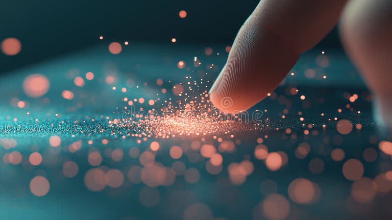 Finger Touches Surface with Glowing Particles. Cybersecurity Concept ...