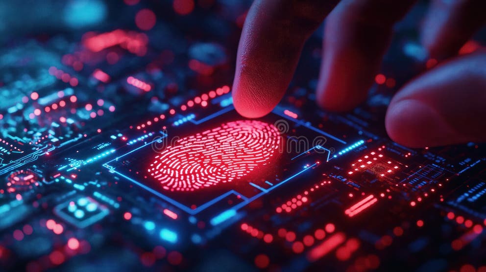 Finger Touches Tech Panel. Biometric Scan Identifies User. Futuristic ...