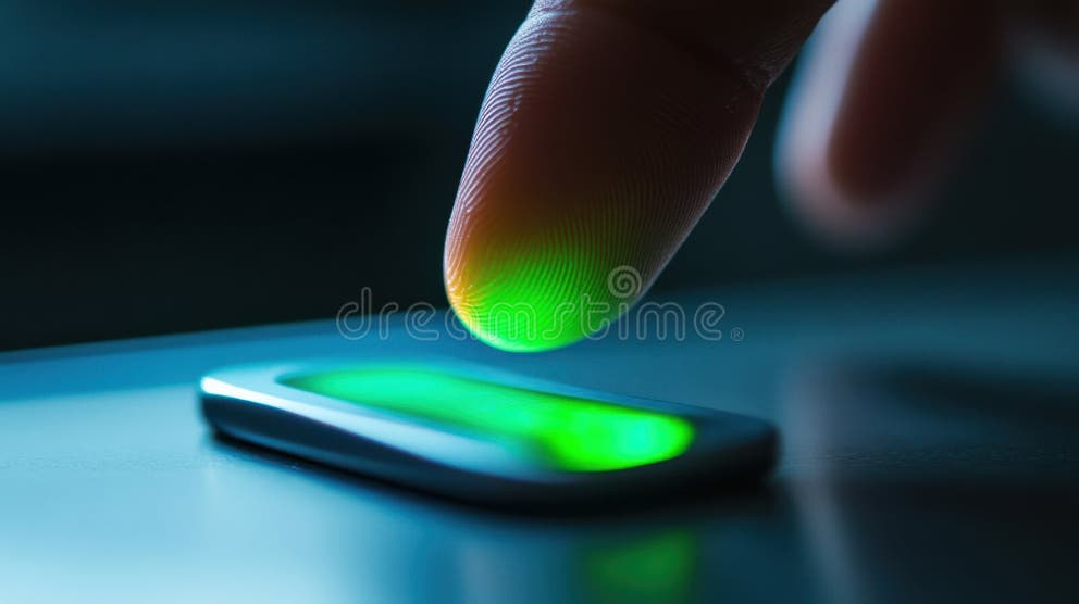 Finger Touching Biometric Scanner with Glowing Green Light for Security ...
