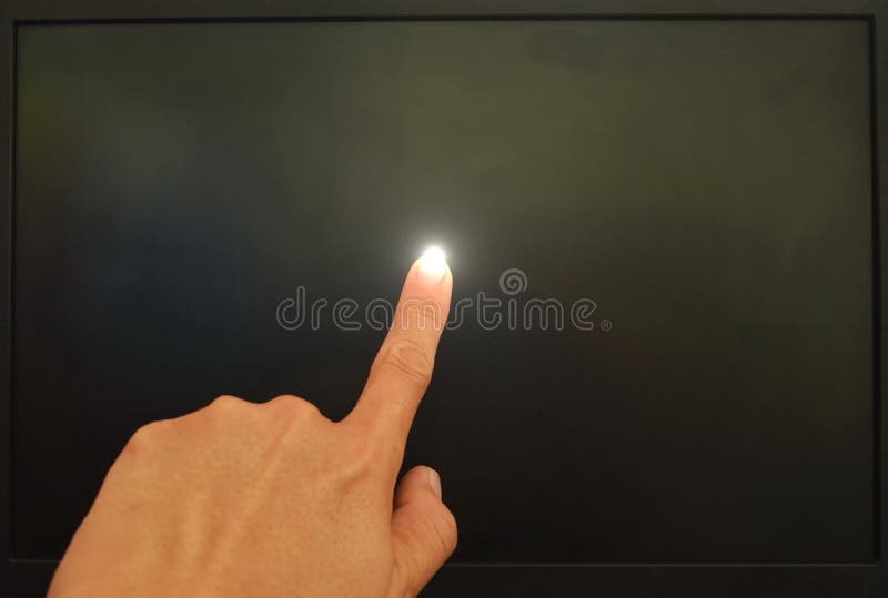 Finger Touching on Black Computer Screen and Light on Stock Photo ...