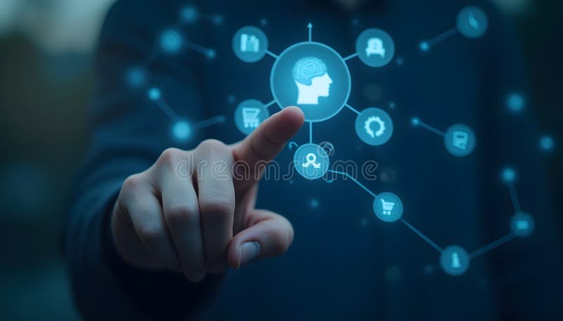 Finger Touching Brain Icon and Network Stock Photo - Image of hand ...
