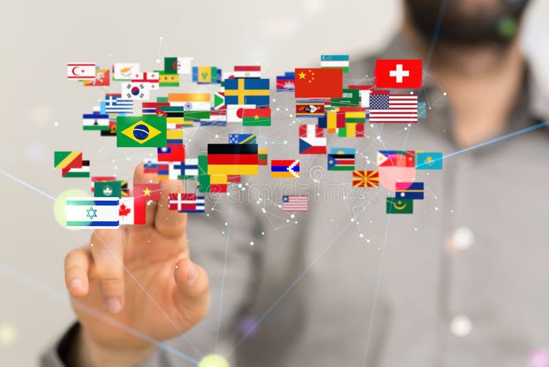 Finger Touching a 3d Rendering of Floating Flags Stock Photo - Image of ...