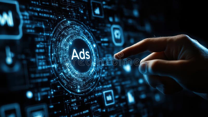 Finger Touching Digital Ads Interface, Showcasing Technology and Innovation Stock Illustration ...