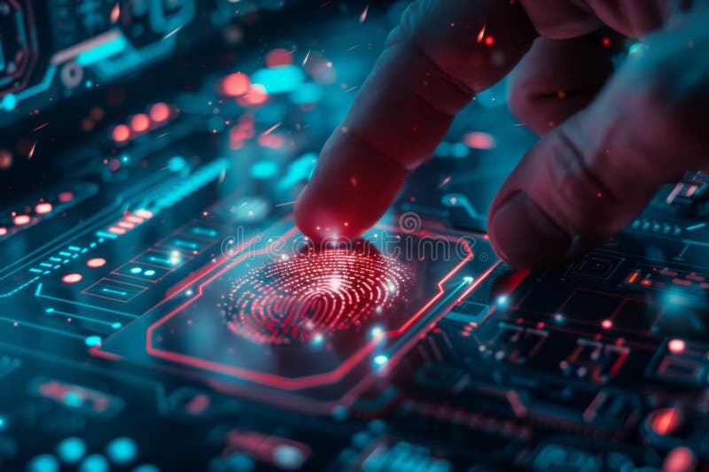 Finger Touching Digital Fingerprint Scanner on Glowing Virtual Keyboard ...