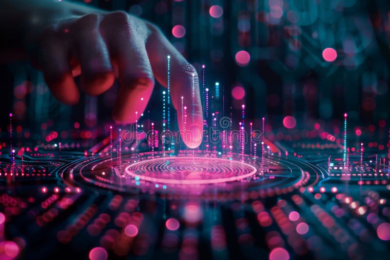 Finger Touching Digital Fingerprint Scanner on Glowing Virtual Keyboard ...