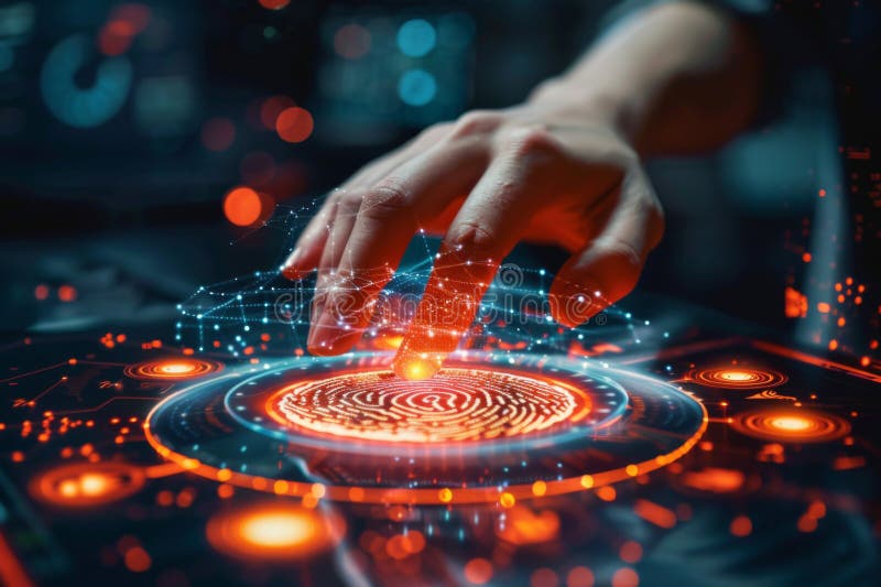 Finger Touching Digital Fingerprint Scanner on Glowing Virtual Keyboard ...