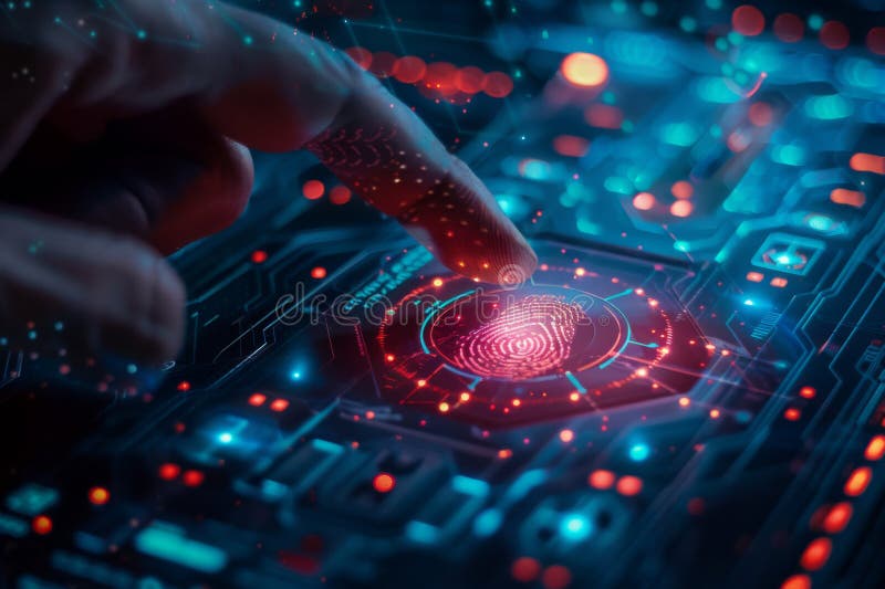 Finger Touching Digital Fingerprint Scanner on Glowing Virtual Keyboard ...
