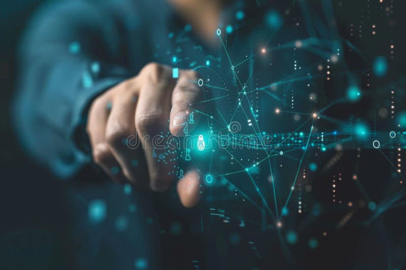 Finger Touching Digital Fingerprint Scanner on Glowing Virtual Keyboard ...