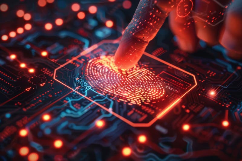 Finger Touching Digital Fingerprint Scanner on Glowing Virtual Keyboard ...