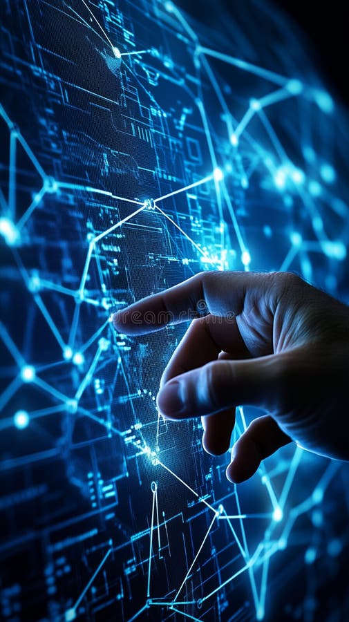 Finger Touching Digital Interface with Glowing Network of Connections ...