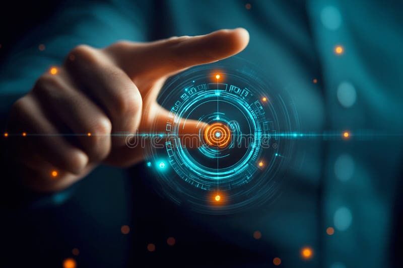 Finger Touching a Digital Interface with HR Icons. Modern Technology ...