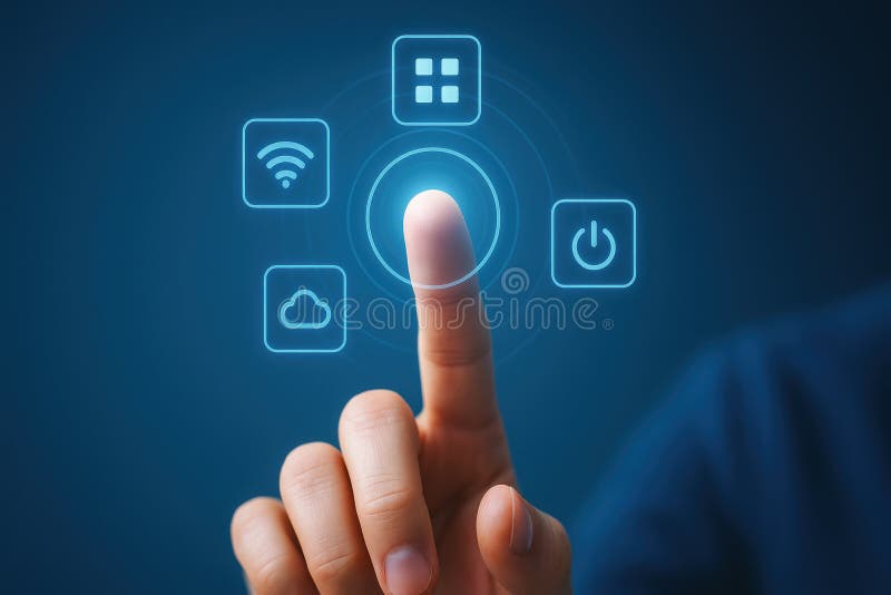 Finger Touching Digital Interface with Touchscreen Icons for Technology ...