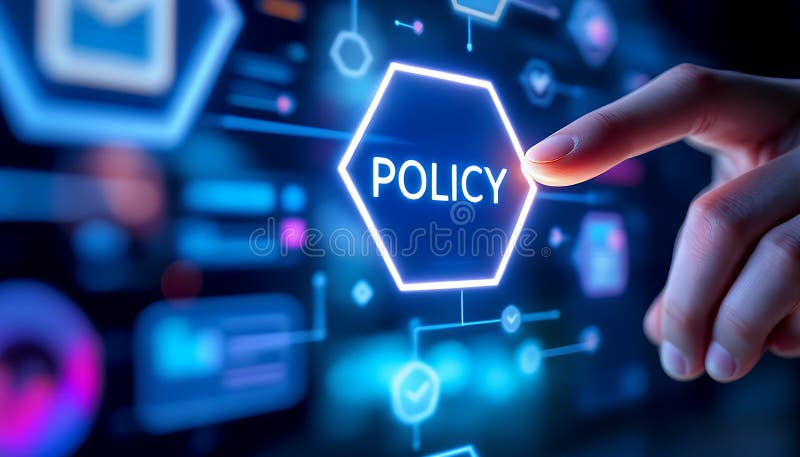 Finger Touching Digital Policy Button on Glowing Futuristic Interface ...