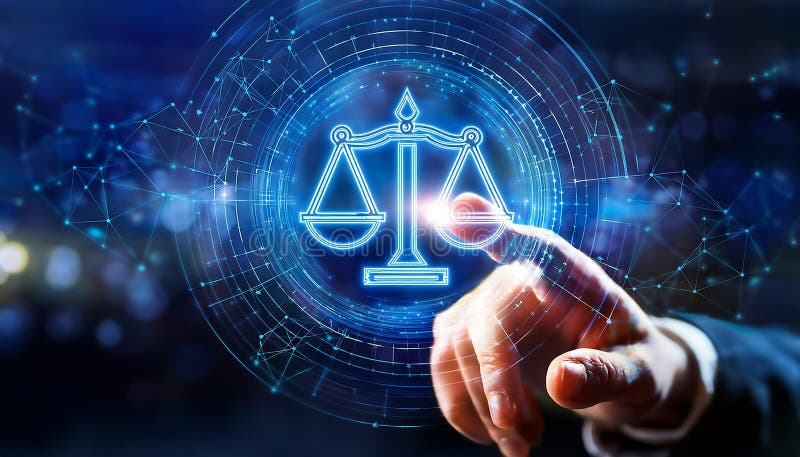 Finger Touching the Digital Scale Icon of the Justice Process Stock ...