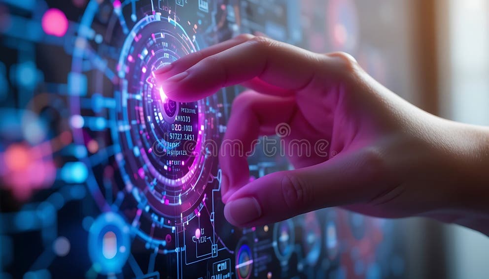 Finger Touching Digital Screen Displaying Futuristic Data and ...