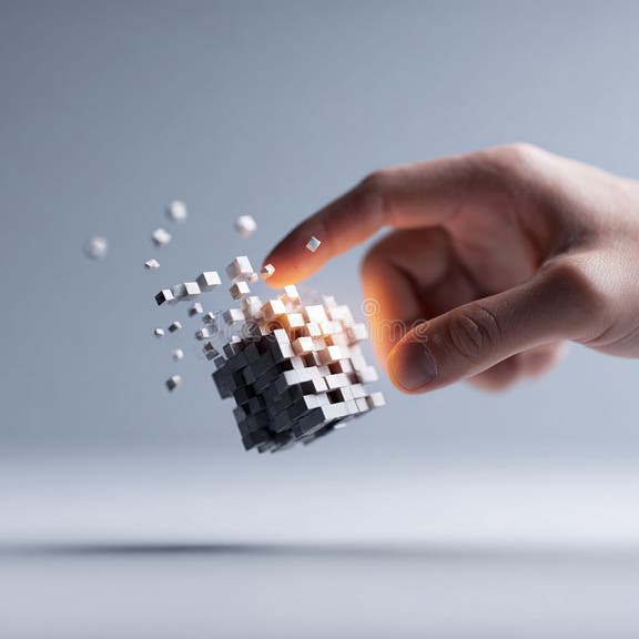 A Finger Touching a Dissolving Pixelated Cube. Conceptual Image for ...