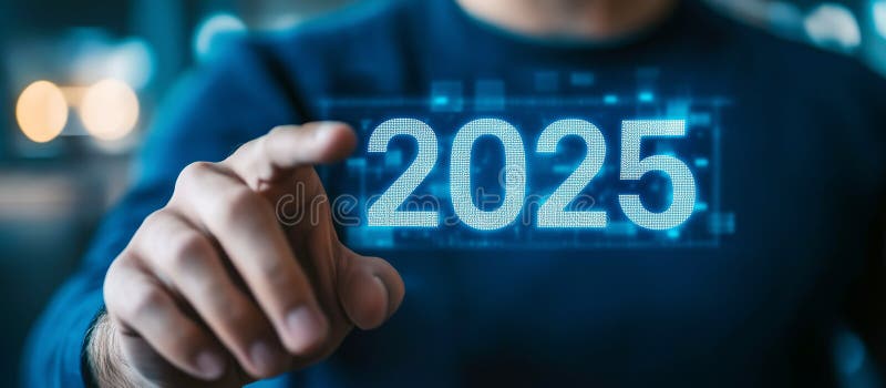 Finger Touching Futuristic 2025 Digital Interface with Glowing Numbers ...