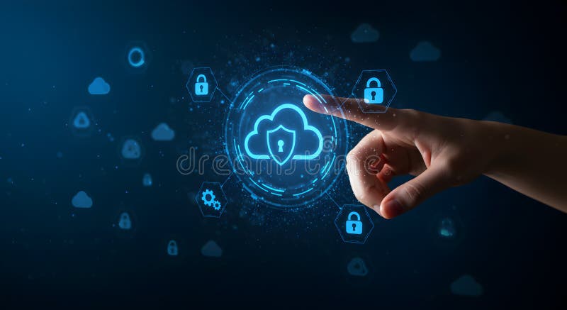 Finger Touching a Glowing Cloud Icon with a Shield and Key in a Digital ...
