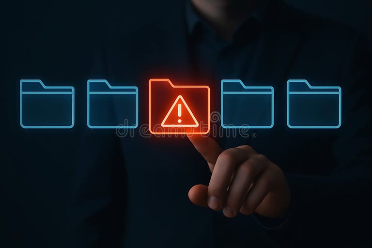 Finger Touching Glowing Folder Icon with Warning Symbol Indicating Data ...