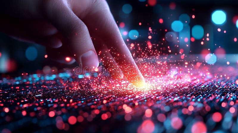 Finger Touching Glowing Surface with Sparkling Light Technology Concept ...