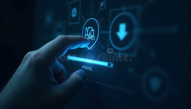 Finger Touching a Glowing Update Icon on a Dark Screen with an Updating ...